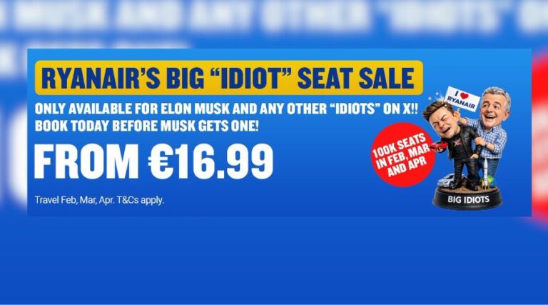 Ryanair launches 'Big Idiot' seat sale on back of escalating spat with Elon Musk - Travel Gossip